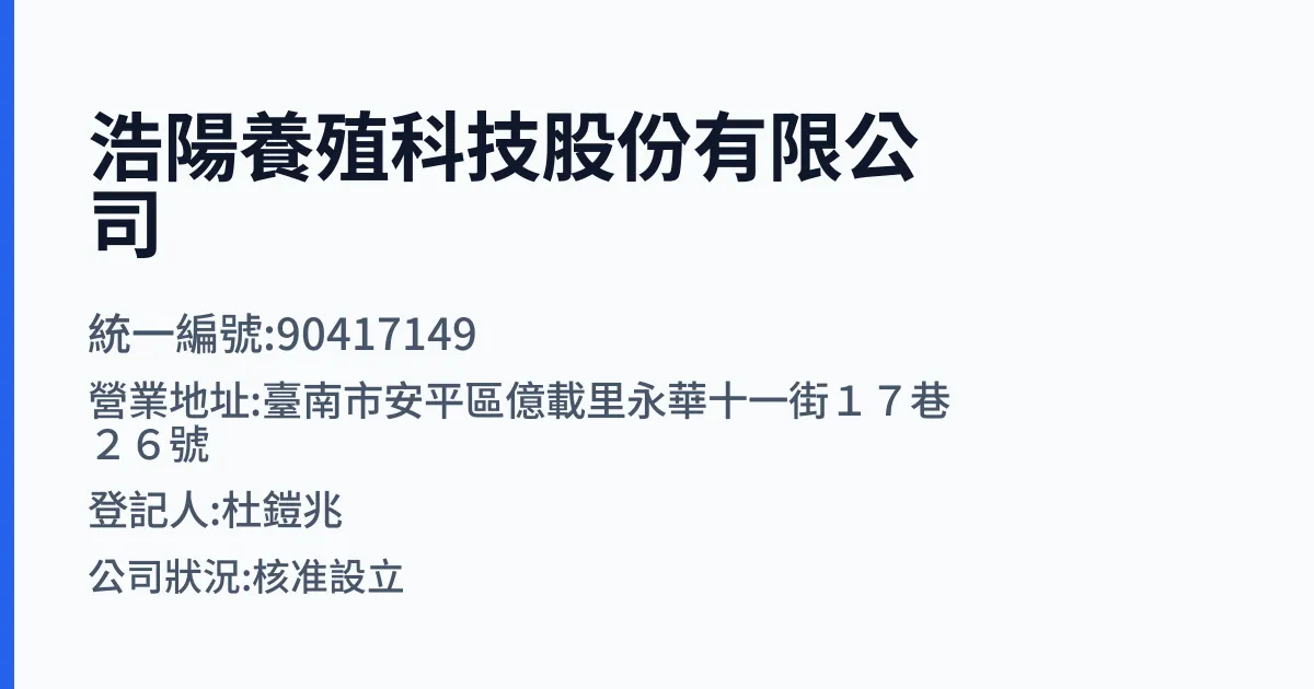 浩陽養殖科技股份有限公司 - 統編 90417149(臺南市) 公司登記資料與營業項目詳細圖表