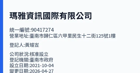 瑪雅資訊國際有限公司的照片-統編 90417274(臺南市) 公司登記資料與營業項目詳細圖表