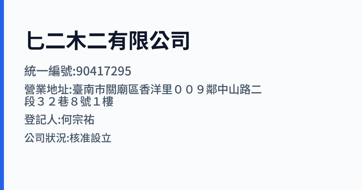 匕二木二有限公司 - 統編 90417295(臺南市) 公司登記資料與營業項目詳細圖表