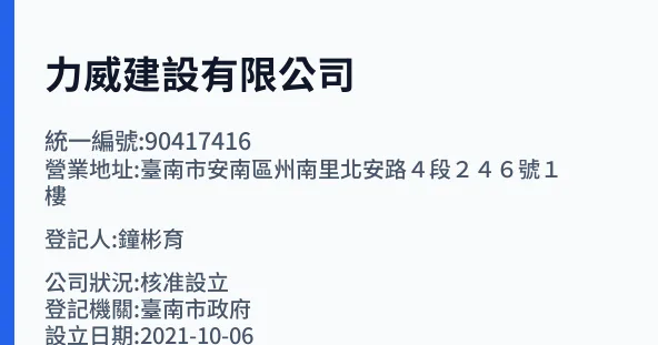 力威建設有限公司的照片-統編 90417416(臺南市) 公司登記資料與營業項目詳細圖表