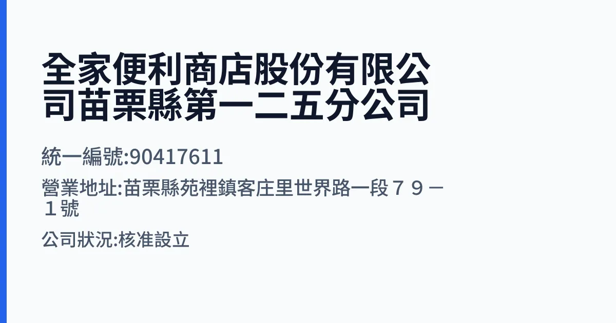全家便利商店股份有限公司苗栗縣第一二五分公司 - 統編 90417611(苗栗縣) 公司登記資料與營業項目詳細圖表