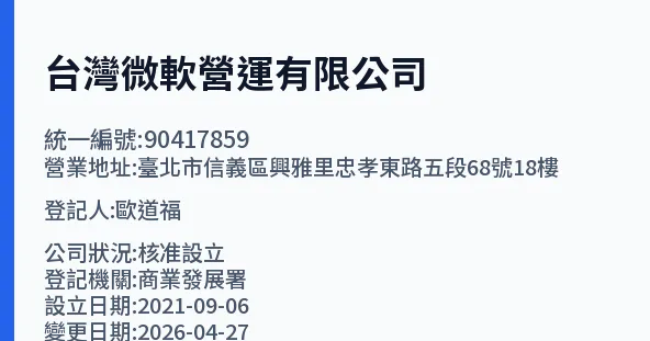 台灣微軟營運有限公司的照片-統編 90417859(臺北市) 公司登記資料與營業項目詳細圖表