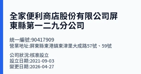 全家便利商店股份有限公司屏東縣第一二九分公司的照片-統編 90417909(屏東縣) 公司登記資料與營業項目詳細圖表