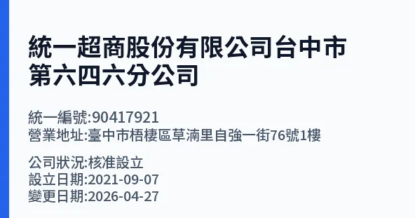 統一超商股份有限公司台中市第六四六分公司的照片-統編 90417921(臺中市) 公司登記資料與營業項目詳細圖表