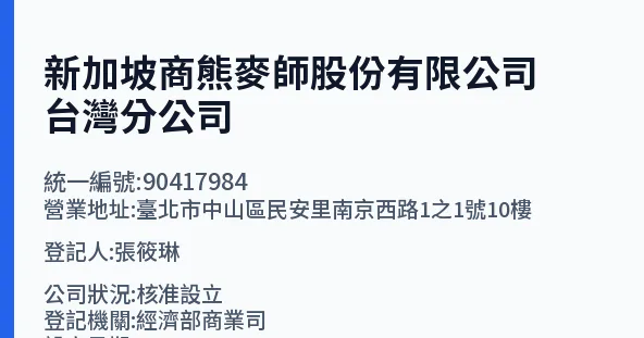 新加坡商熊麥師股份有限公司台灣分公司的照片-統編 90417984(臺北市) 公司登記資料與營業項目詳細圖表