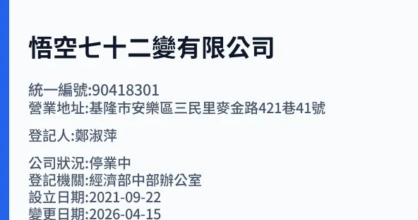 悟空七十二變有限公司的照片-統編 90418301(基隆市) 公司登記資料與營業項目詳細圖表
