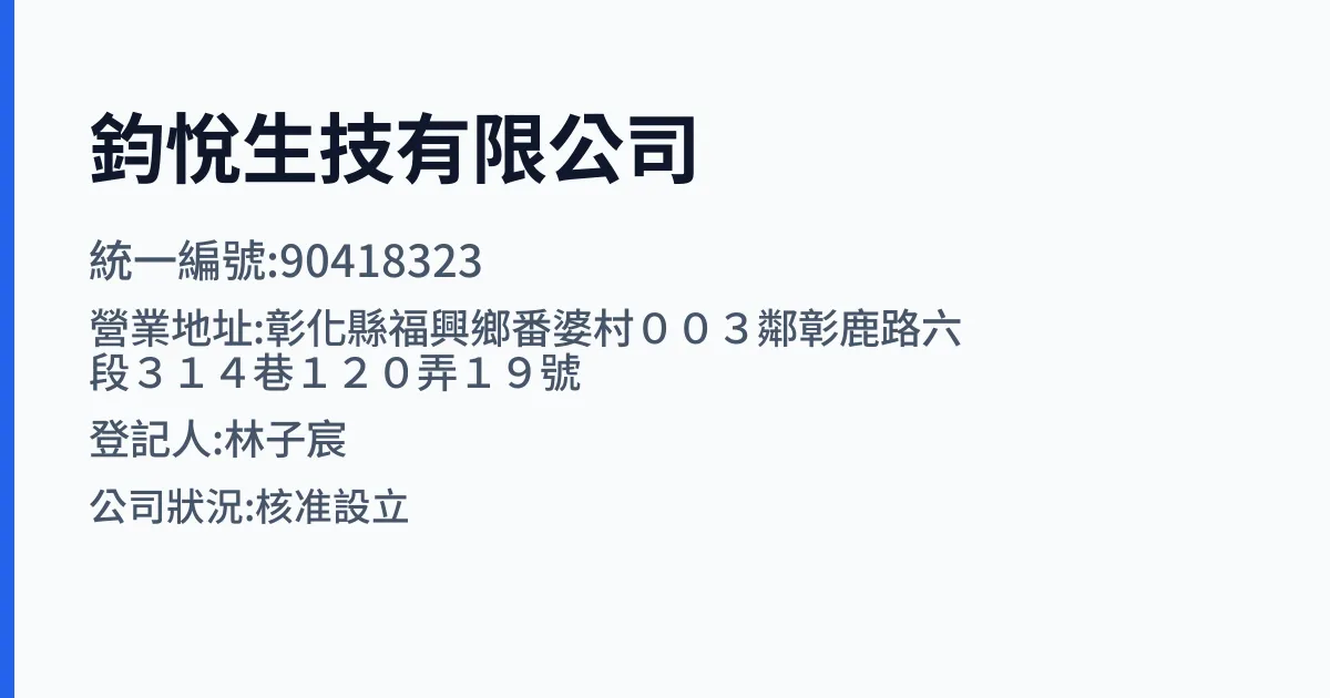 鈞悅生技有限公司 - 統編 90418323（彰化縣） 公司登記資料與營業項目詳細圖表