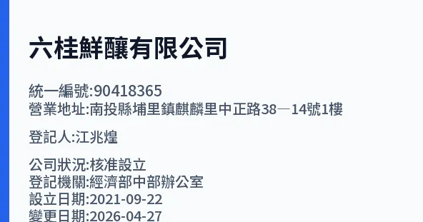 六桂鮮釀有限公司的照片-統編 90418365(南投縣) 公司登記資料與營業項目詳細圖表