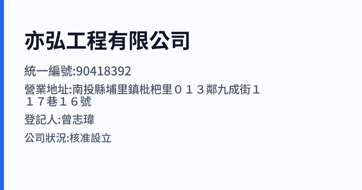 亦弘工程有限公司 - 統編 90418392（南投縣） 公司登記資料與營業項目詳細圖表