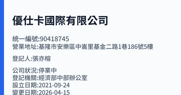 優仕卡國際有限公司的照片-統編 90418745(基隆市) 公司登記資料與營業項目詳細圖表
