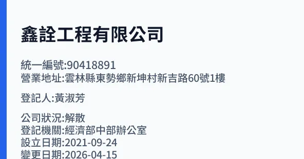 鑫詮工程有限公司的照片-統編 90418891(雲林縣) 公司登記資料與營業項目詳細圖表