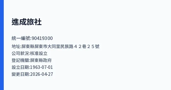 進成旅社的照片-統編 90419300(屏東縣) 公司登記資料與營業項目詳細圖表