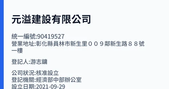 元溢建設有限公司的照片-統編 90419527(彰化縣) 公司登記資料與營業項目詳細圖表