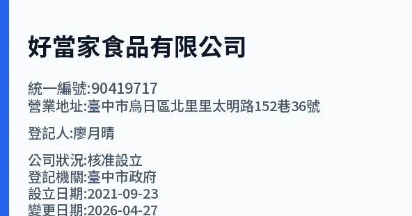好當家食品有限公司的照片-統編 90419717(臺中市) 公司登記資料與營業項目詳細圖表