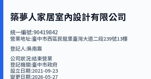築夢人家居室內設計有限公司的照片-統編 90419842(臺中市) 公司登記資料與營業項目詳細圖表