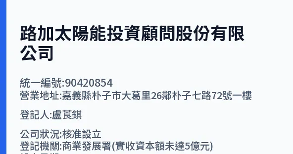 路加太陽能投資顧問股份有限公司的照片-統編 90420854(嘉義縣) 公司登記資料與營業項目詳細圖表