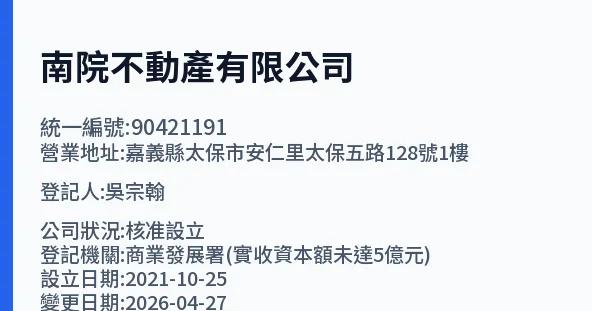 南院不動產有限公司的照片-統編 90421191(嘉義縣) 公司登記資料與營業項目詳細圖表