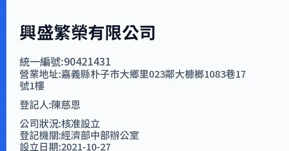 興盛繁榮有限公司的照片-統編 90421431(嘉義縣) 公司登記資料與營業項目詳細圖表