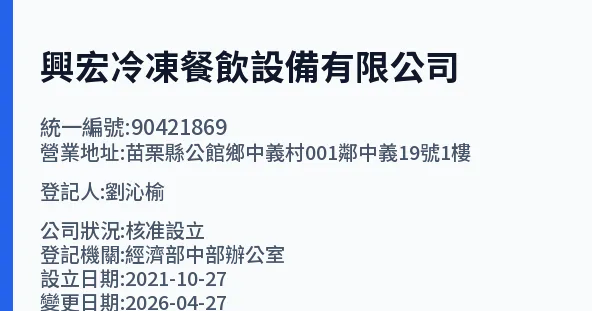 興宏冷凍餐飲設備有限公司的照片-統編 90421869(苗栗縣) 公司登記資料與營業項目詳細圖表