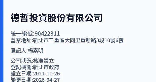 德哲投資股份有限公司的照片-統編 90422311(新北市) 公司登記資料與營業項目詳細圖表