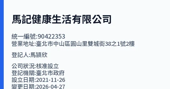 馬記健康生活有限公司的照片-統編 90422353(臺北市) 公司登記資料與營業項目詳細圖表