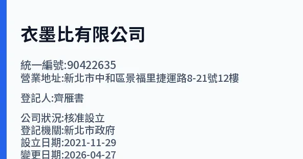 衣墨比有限公司的照片-統編 90422635(新北市) 公司登記資料與營業項目詳細圖表