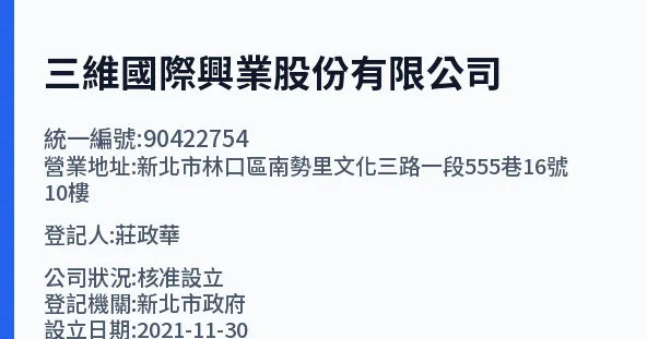 三維國際興業股份有限公司的照片-統編 90422754(新北市) 公司登記資料與營業項目詳細圖表