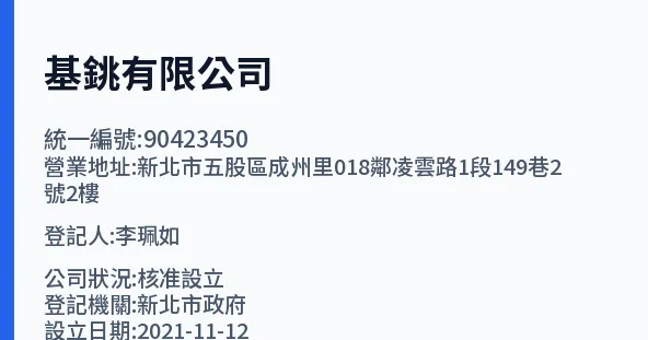 基銚有限公司的照片-統編 90423450(新北市) 公司登記資料與營業項目詳細圖表