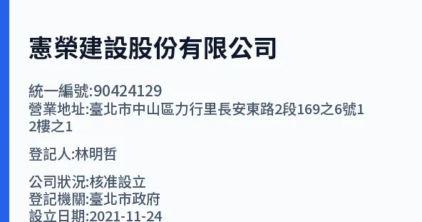 憲榮建設股份有限公司的照片-統編 90424129(臺北市) 公司登記資料與營業項目詳細圖表