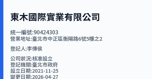 東木國際實業有限公司的照片-統編 90424303(臺北市) 公司登記資料與營業項目詳細圖表