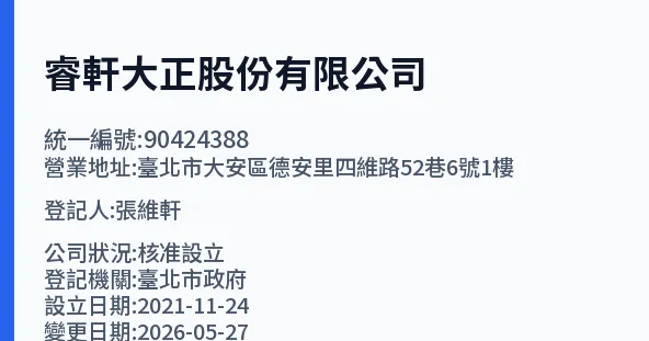 睿軒大正股份有限公司的照片-統編 90424388(臺北市) 公司登記資料與營業項目詳細圖表