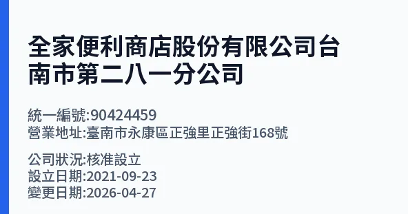全家便利商店股份有限公司台南市第二八一分公司的照片-統編 90424459(臺南市) 公司登記資料與營業項目詳細圖表