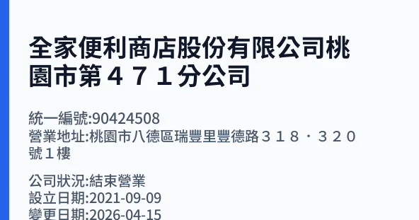 全家便利商店股份有限公司桃園市第４７１分公司的照片-統編 90424508(桃園市) 公司登記資料與營業項目詳細圖表