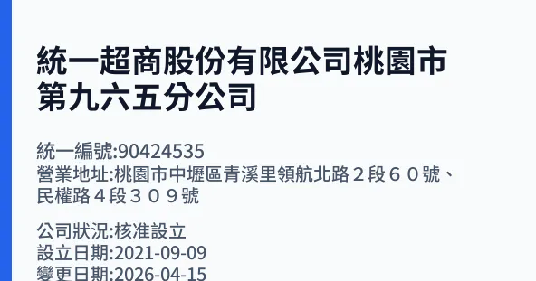 統一超商股份有限公司桃園市第九六五分公司的照片-統編 90424535(桃園市) 公司登記資料與營業項目詳細圖表