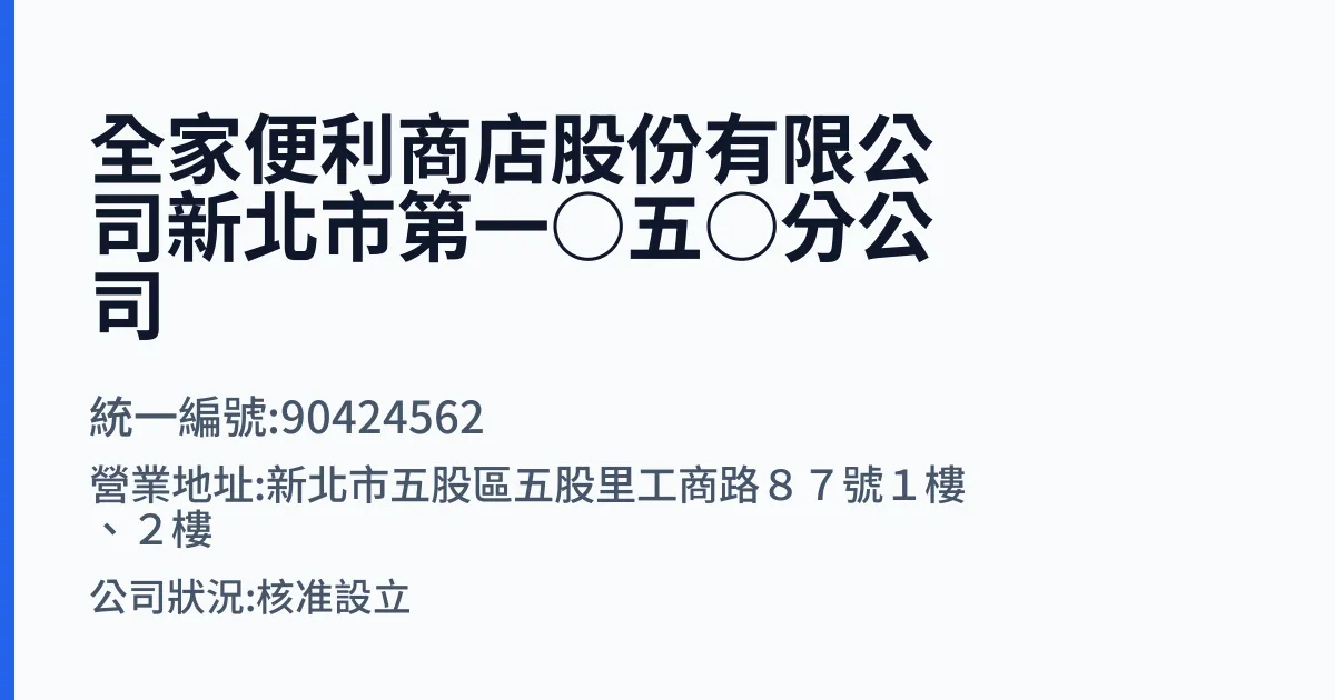 全家便利商店股份有限公司新北市第一○五○分公司 - 統編 90424562（新北市） 公司登記資料與營業項目詳細圖表
