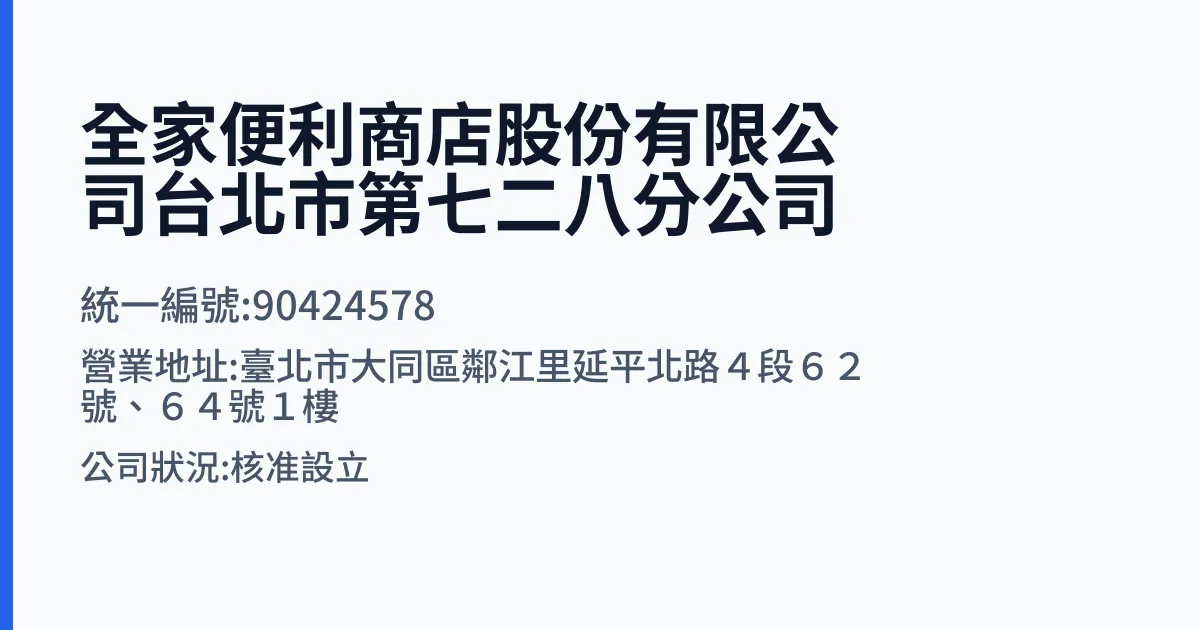 全家便利商店股份有限公司台北市第七二八分公司 - 統編 90424578(臺北市) 公司登記資料與營業項目詳細圖表