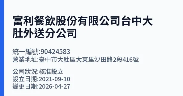 富利餐飲股份有限公司台中大肚外送分公司的照片-統編 90424583(臺中市) 公司登記資料與營業項目詳細圖表