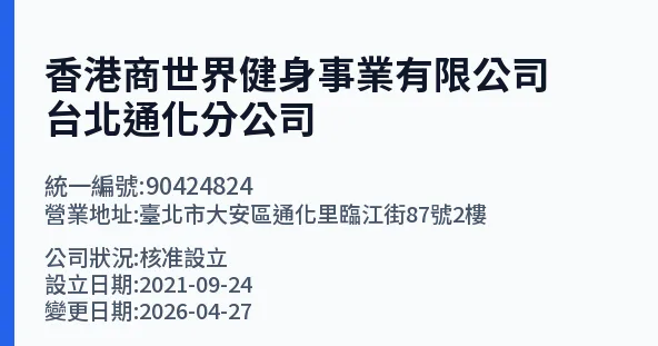香港商世界健身事業有限公司台北通化分公司的照片-統編 90424824(臺北市) 公司登記資料與營業項目詳細圖表