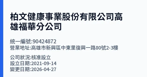 柏文健康事業股份有限公司高雄福華分公司的照片-統編 90424872(高雄市) 公司登記資料與營業項目詳細圖表