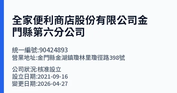全家便利商店股份有限公司金門縣第六分公司的照片-統編 90424893(金門縣) 公司登記資料與營業項目詳細圖表