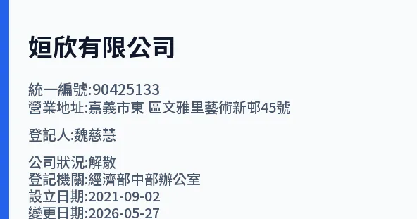 姮欣有限公司的照片-統編 90425133(嘉義市) 公司登記資料與營業項目詳細圖表