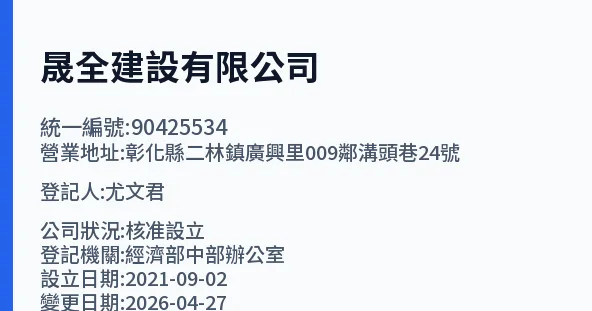晟全建設有限公司的照片-統編 90425534(彰化縣) 公司登記資料與營業項目詳細圖表