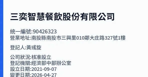三奕智慧餐飲股份有限公司的照片-統編 90426323(南投縣) 公司登記資料與營業項目詳細圖表
