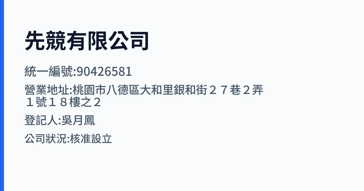 先競有限公司 - 統編 90426581(桃園市) 公司登記資料與營業項目詳細圖表