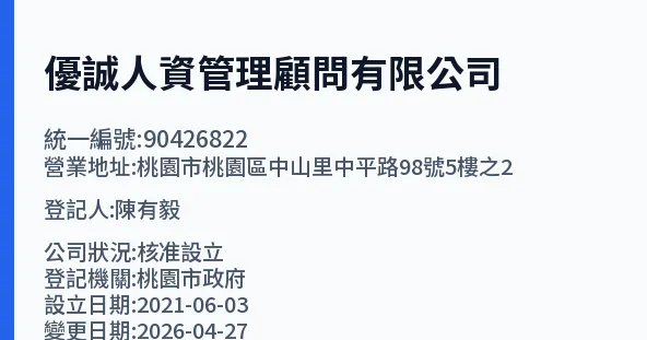 優誠人資管理顧問有限公司的照片-統編 90426822(桃園市) 公司登記資料與營業項目詳細圖表