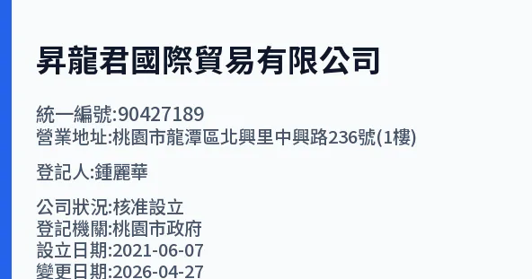 昇龍君國際貿易有限公司的照片-統編 90427189(桃園市) 公司登記資料與營業項目詳細圖表