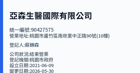 亞森生醫國際有限公司的照片-統編 90427575(桃園市) 公司登記資料與營業項目詳細圖表