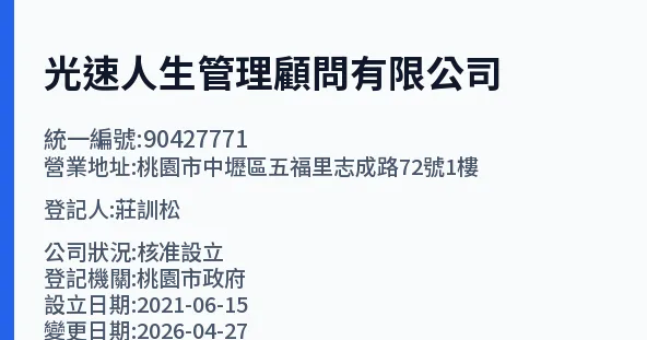 光速人生管理顧問有限公司的照片-統編 90427771(桃園市) 公司登記資料與營業項目詳細圖表