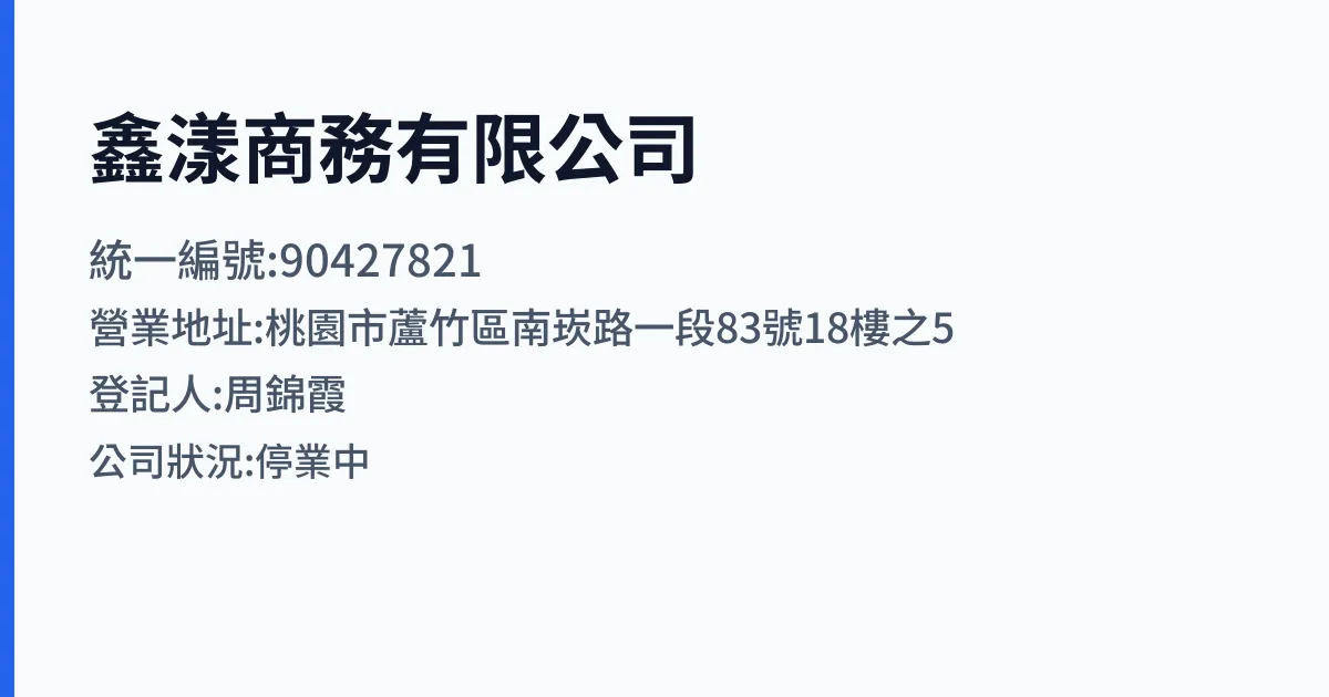 鑫漾商務有限公司 - 統編 90427821(桃園市) 公司登記資料與營業項目詳細圖表