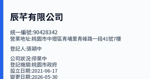 辰芊有限公司的照片-統編 90428342(桃園市) 公司登記資料與營業項目詳細圖表